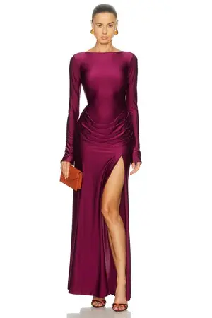 Lapointe Shine Jersey Long Sleeve Draped Waist Gown