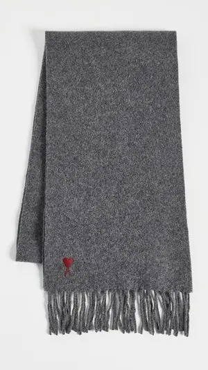 AMI Paris Quota Wool Scarf With Red De Coeur Embroidery