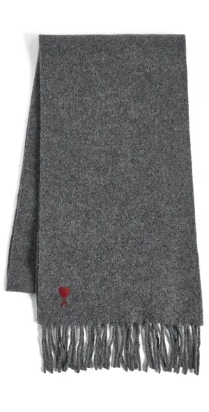 AMI Paris Quota Wool Scarf With Red De Coeur Embroidery - Gris Carbone