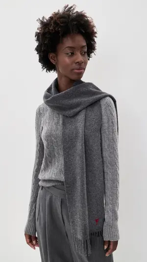 AMI Paris Quota Wool Scarf With Red De Coeur Embroidery