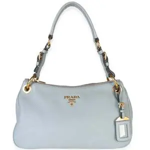 Prada Light Vitello Daino Logo Belted Shoulder Hobo - Blue