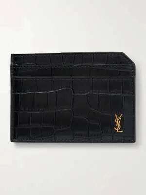 Saint Laurent Tiny Cassandre Logo-appliquéd Croc-effect Patent-leather Cardholder - Black