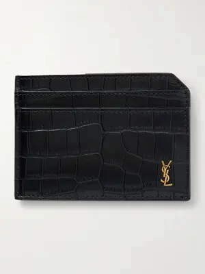 Saint Laurent Tiny Cassandre Logo-appliquéd Croc-effect Patent-leather Cardholder - Black