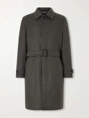 Zegna Oasi Belted Herringbone Cashmere Trench Coat - Green