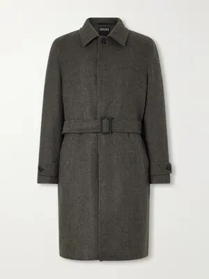 Zegna Belted Herringbone Cashmere Trench Coat - Green
