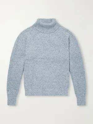 Inis Meáin Boatbuilder Ribbed Cashmere Turtleneck Sweater - Blue