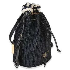 Prada Yarn Raffia Effect Crochet Drawstring Bucket Bag