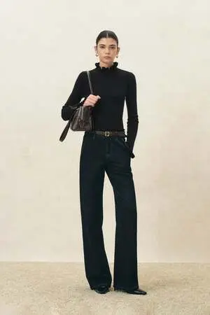 Fabrique Lieve Ruffle Trim Fitted Turtleneck Top In Wool Blend