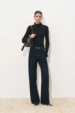 Fabrique Fitted Ruffle Trim Highneck Top In Wool Blend - Black