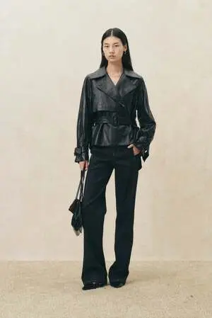 Fabrique Eliana Belted Cropped Trench Jacket In Waxed Lambskin - Black