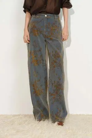 Fabrique Natalie Contrast Flocked Jacquard Barrel Leg Jeans