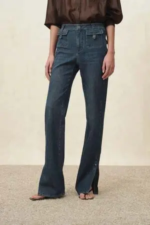 Fabrique Coco Slit Hem Flared Jeans In Cotton Denim - Blue