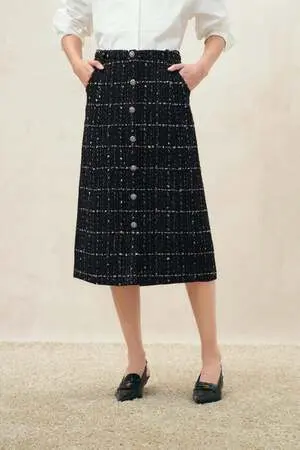 Fabrique Eleanor Metallic Flecked Houndstooth Skirt In Tweed - Black