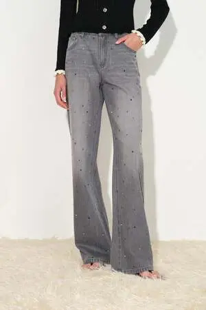 Fabrique Astra Crystal Embellished Straight Leg Jeans In Cotton Denim - Grey