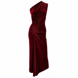 ME & THEE One Shoulder Ruched Velvet Midi Dress - Red