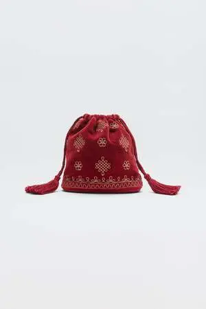 Rixo Orla Waffle Soutache Embroidery Pouch - Red