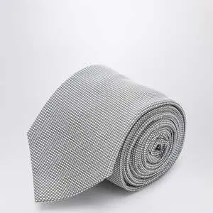 FERRAGAMO Pearl Grey Silk Tie With Micro-check Pattern Grey