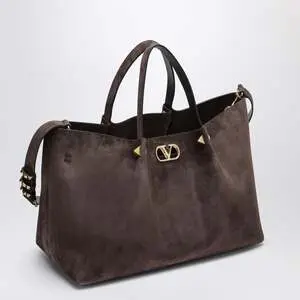 Valentino Garavani Large Rockstud Ebony Suede Shopping Bag