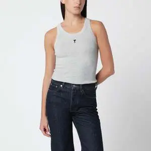AMI Paris Ribbed Crewneck Tank Top With Embroidered Logo - Grey