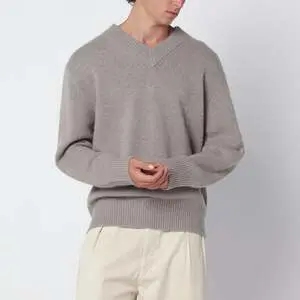 Soft Goat Greige Cashmere V-neck Sweater - Grey