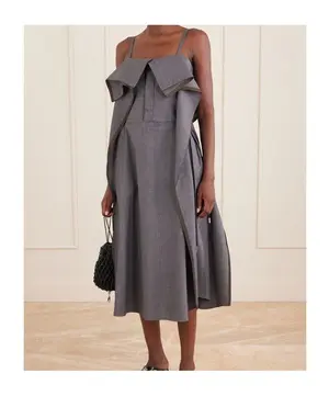 Sacai Midi Dress With Pleated Bodice And Voluminous Skirt - Gray