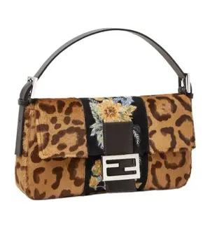 Fendi Baguette 26424 Embroidered Jaguar Print Pony-effect Leather Bag