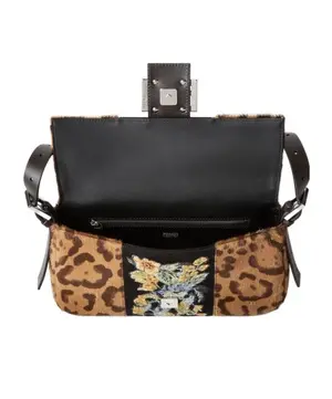 Fendi Baguette 26424 Embroidered Jaguar Print Pony-effect Leather Bag