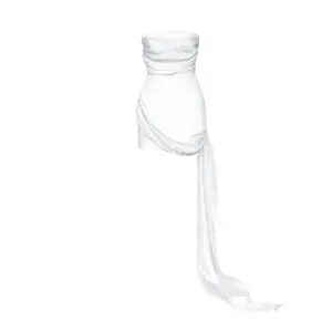 POST MERIDIEM Mini Dress With Train & Rhinestone Detail - White