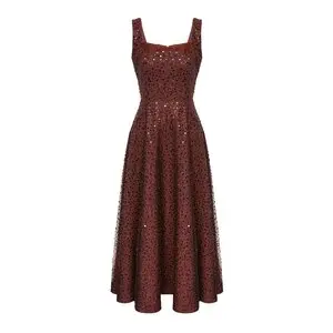 POST MERIDIEM Chocolate Embellished Midi Dress With Sequins & Beads - Brown