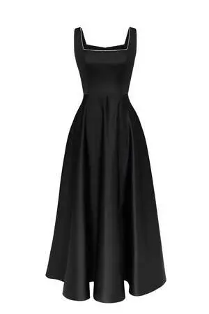 POST MERIDIEM Strap Decorated Bodice Midi Dress - Black