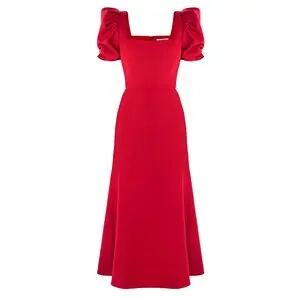 POST MERIDIEM Godet Silhouette Square Neck Midi Dress