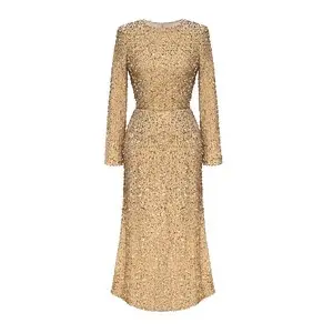 POST MERIDIEM Sequin Decorated Velvet Long Sleeve Midi Dress - Gold