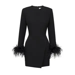 POST MERIDIEM Wrap Feather Sleeve Mini Dress - Black