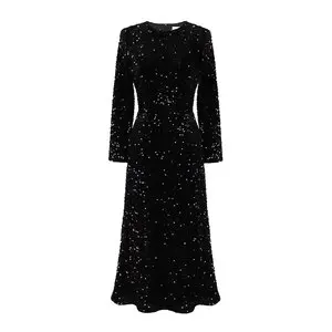 POST MERIDIEM Sequin Decorated Velvet Long Sleeve Midi Dress - Black