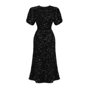 POST MERIDIEM Sequin Decorated Velvet Puff Sleeve Midi Dress - Black