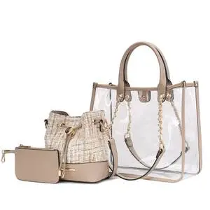 MKF COLLECTION - J'OMOR Neutrals Diva Pvc Tote Bag With Tweed Bucket Bag Taupe - Yellow