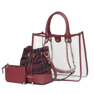 MKF COLLECTION - J'OMOR Diva Pvc Tote Bag With Tweed Bucket Bag - Red
