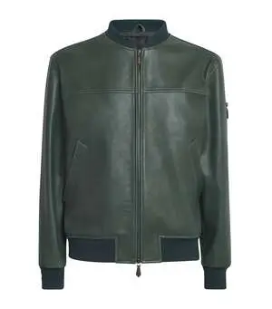 Isaia Lambskin Varsity Bomber Jacket - Green