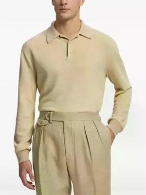 Ralph Lauren Purple Label Champagne Beige Herringbone Knit Polo Sweater