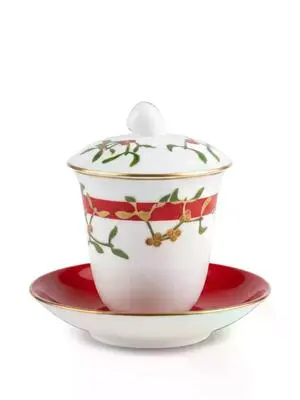 GINORI 1735 Mistletoe-print Lidded Cup And Saucer - White