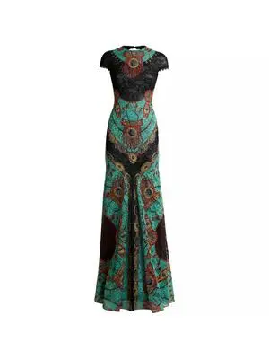 Etro Long Dress In Jersey With Lace And Placed Jewellery Print - Green