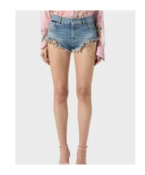 Blumarine Embellished Frayed-hem Denim Shorts