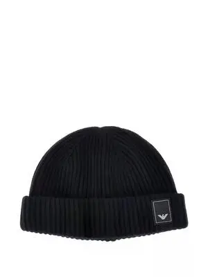 Emporio Armani Ribbed Knit Beanie Hat With Logo Patch - Blue