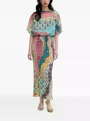 NEVER FULLY DRESSED Plissé Patchwork-print Midi Dress - Blue