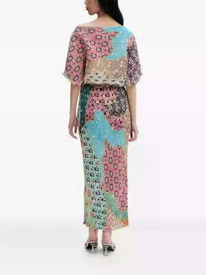 NEVER FULLY DRESSED Plissé Patchwork-print Midi Dress