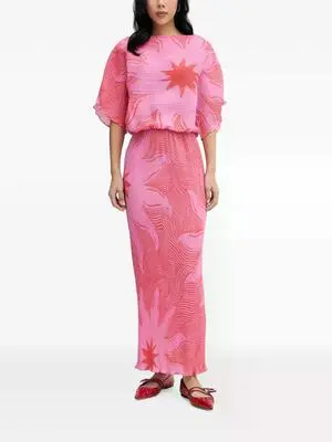 NEVER FULLY DRESSED Sun Print Plissé Effect Midi Dress
