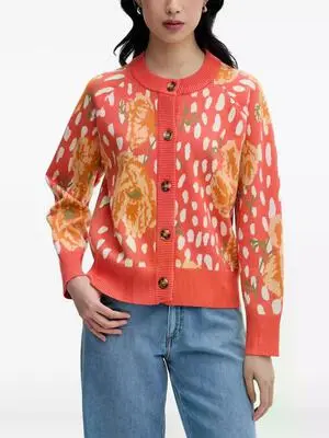 NEVER FULLY DRESSED Floral Print Intarsia Knit Cardigan - Orange