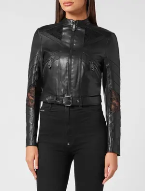 Philipp Plein Leather Cropped Jacket With Lace Embellishments