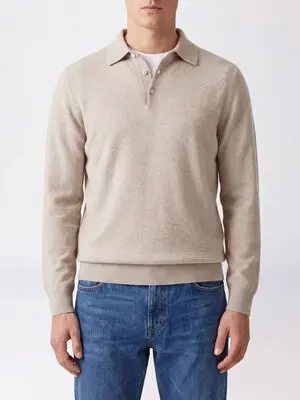 Brunello Cucinelli Pure Cashmere Long-sleeved Polo With Ribbed Collar - Beige