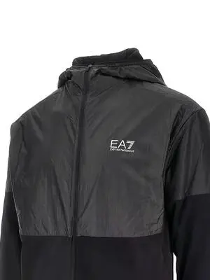 EA7 Logo Print Panelled Hooded Jacket - Black